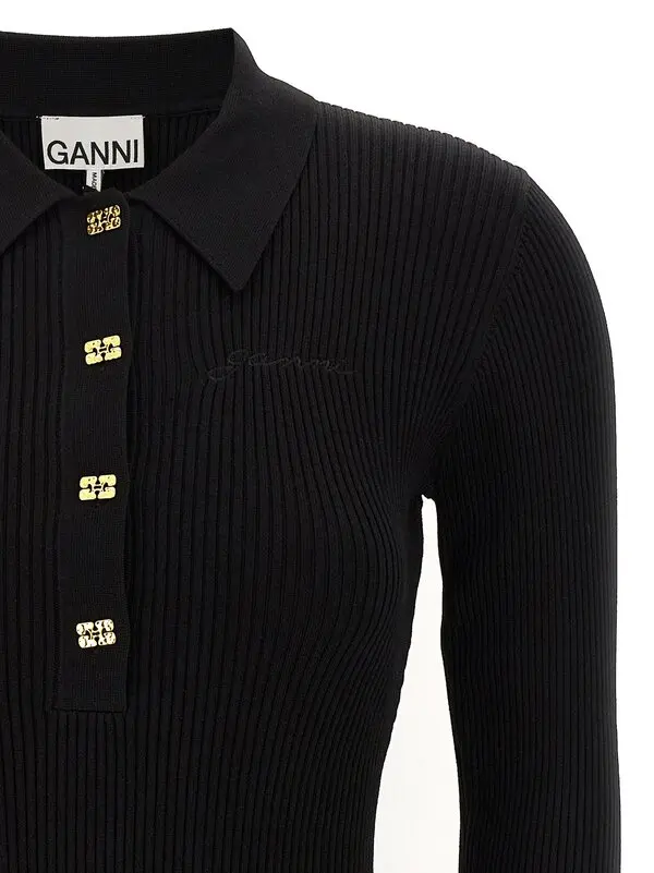 GANNI Rib Knit Polo Mini Dress With Ruffled Skirt