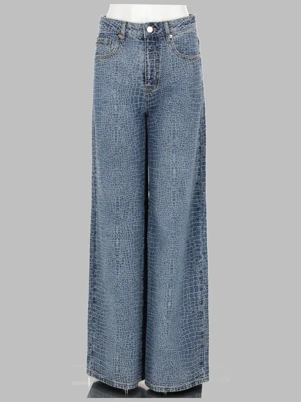 SELF-PORTRAIT Wide Leg Jeans With Crocodile Effect Embellishment - Blue