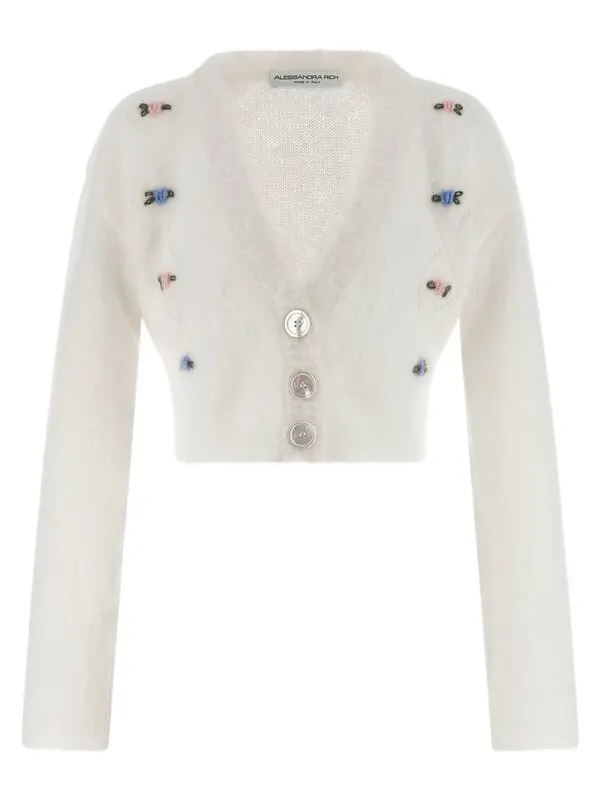 Alessandra Rich Cropped Mohair Cardigan With Embroidery - White