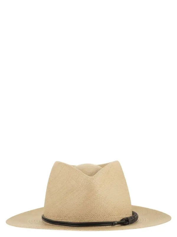 Brunello Cucinelli Straw Fedora Hat With Embellished Leather Band - Cream