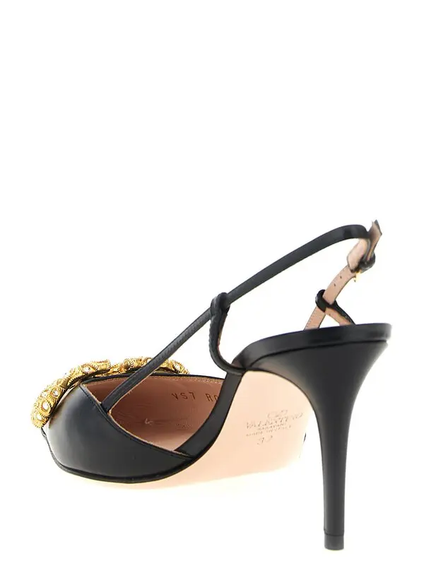 Valentino Garavani Slingback Vlogo Signature Embellished Leather Heels - Black