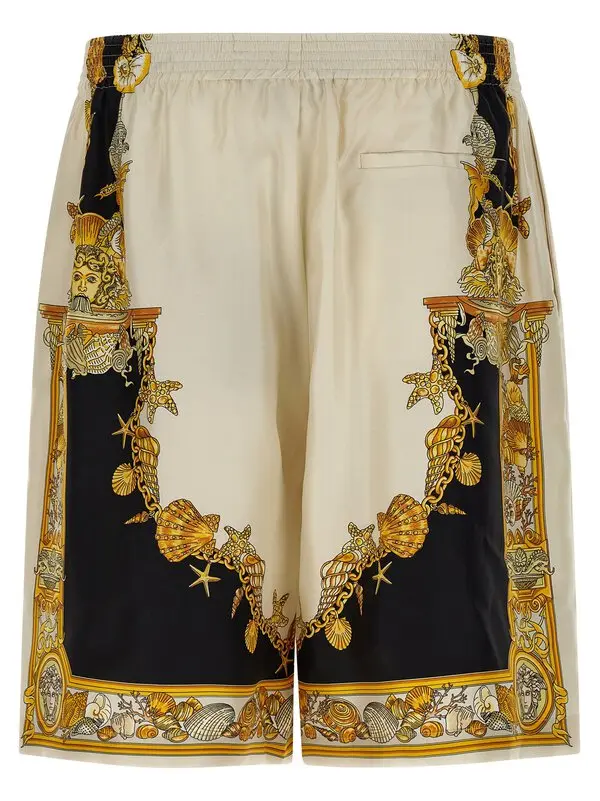 Versace Twill "coral Theatre" Print Wide Leg Bermuda Shorts