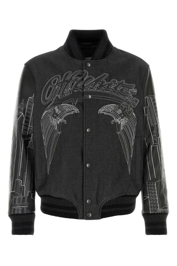 Off-White Leather And Denim Bomber Jacket - Black