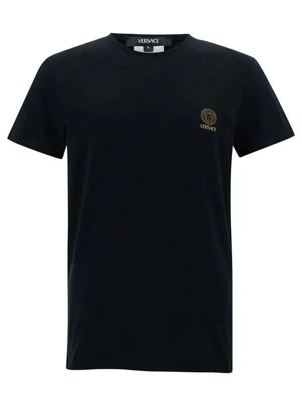 Versace Crewneck T-shirt With Medusa Logo Print In Stretch Cotton - Black