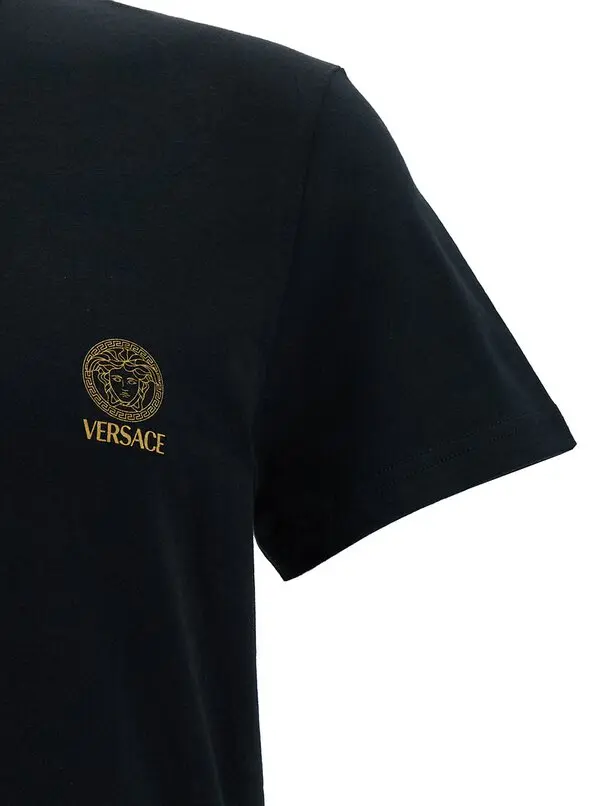 Versace Crewneck T-shirt With Medusa Logo Print In Stretch Cotton - Black