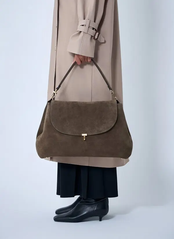 TOTEME T-lock Suede Satchel Bag - Cream