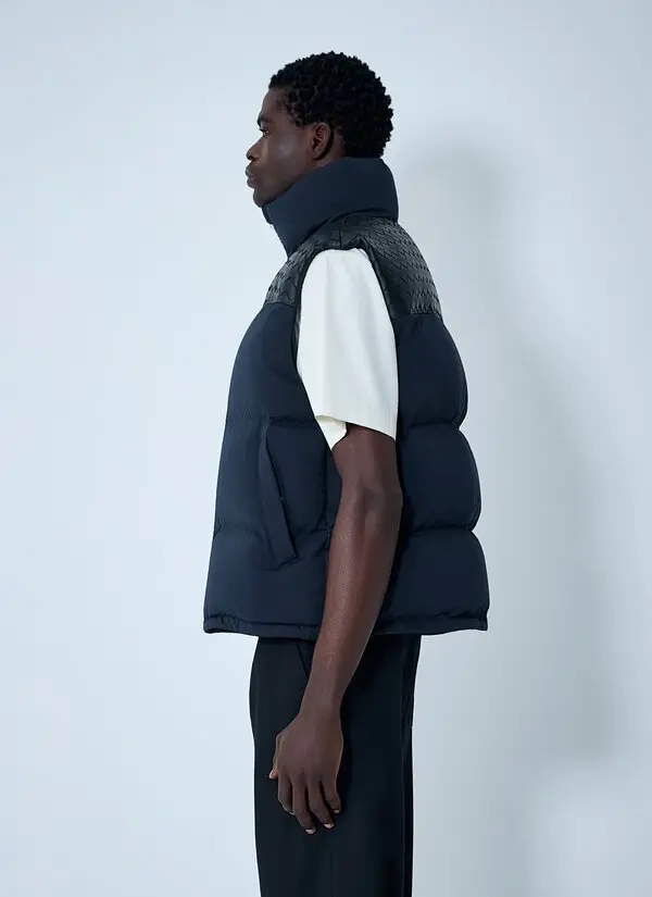 Bottega Veneta Tech Nylon Puffer Gilet With Intrecciato Leather Detail