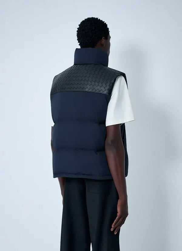 Bottega Veneta Tech Nylon Puffer Gilet With Intrecciato Leather Detail