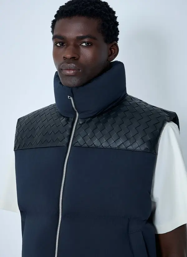 Bottega Veneta Tech Nylon Puffer Gilet With Intrecciato Leather Detail