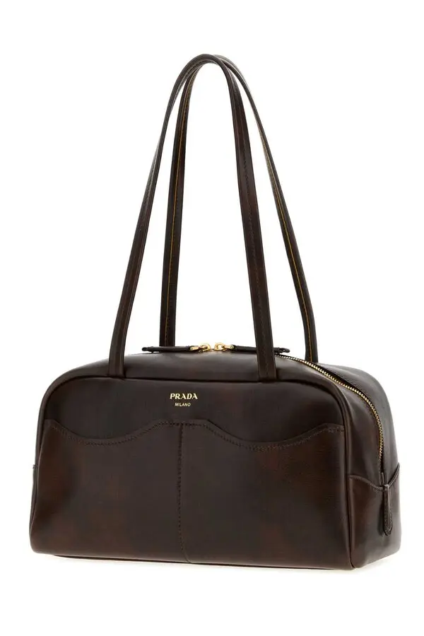 Prada Dark Leather Large Carry Shoulder Bag - Brown