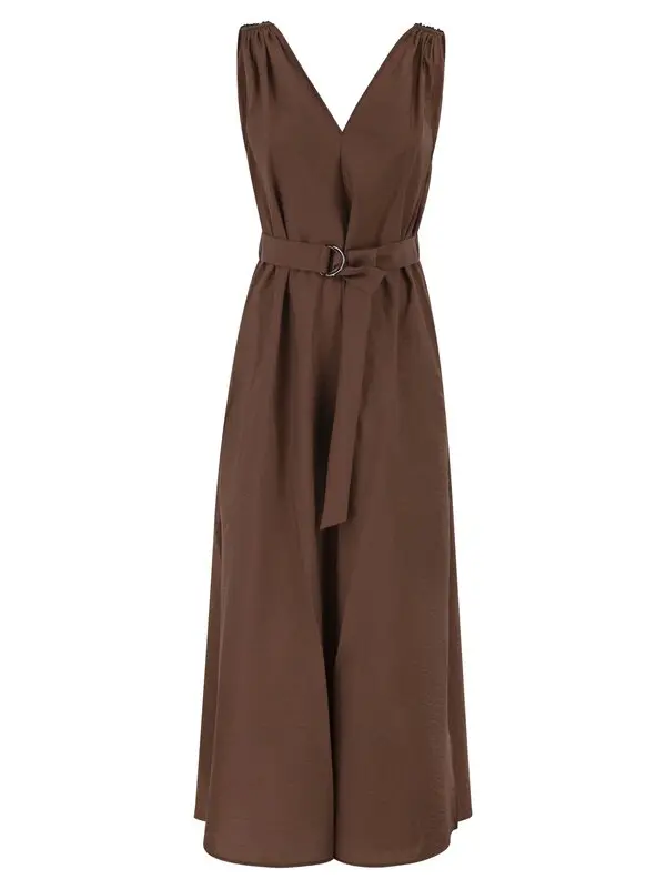 Brunello Cucinelli Techno Cotton Poplin Dress With Belt And Embellished Shoulders - Brown