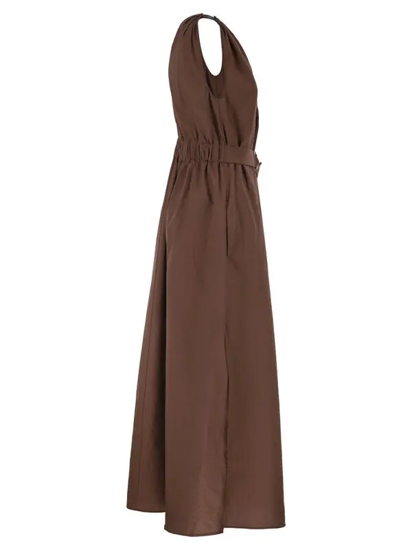 Brunello Cucinelli Techno Cotton Poplin Dress With Belt And Embellished Shoulders - Brown