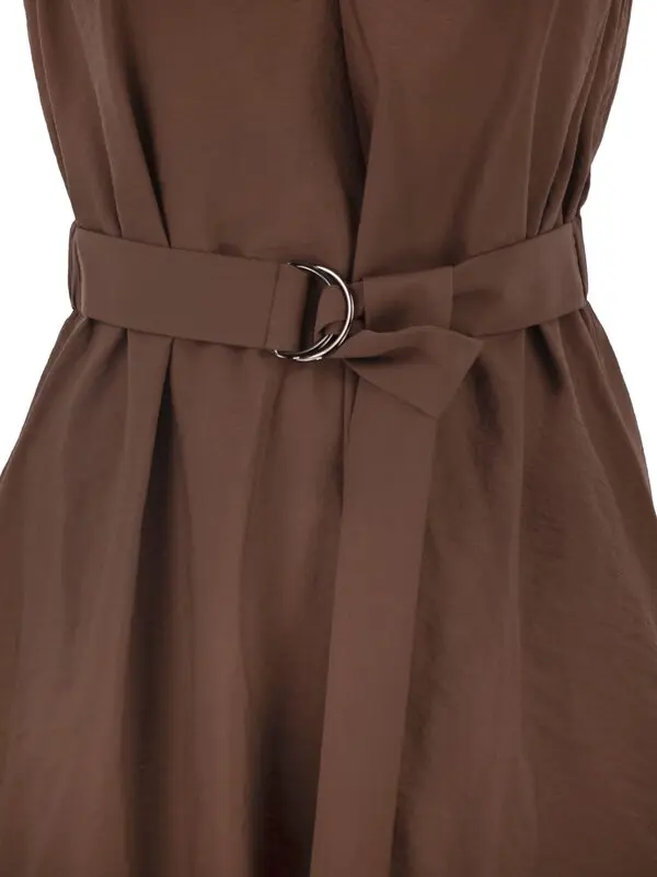Brunello Cucinelli Techno Cotton Poplin Dress With Belt And Embellished Shoulders - Brown
