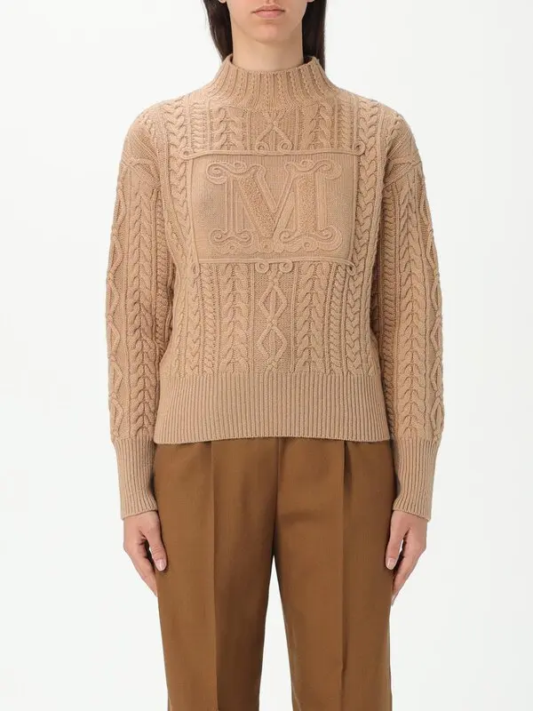 Max Mara Camel Cable Knit Sweater With Embossed Monogram - Brown