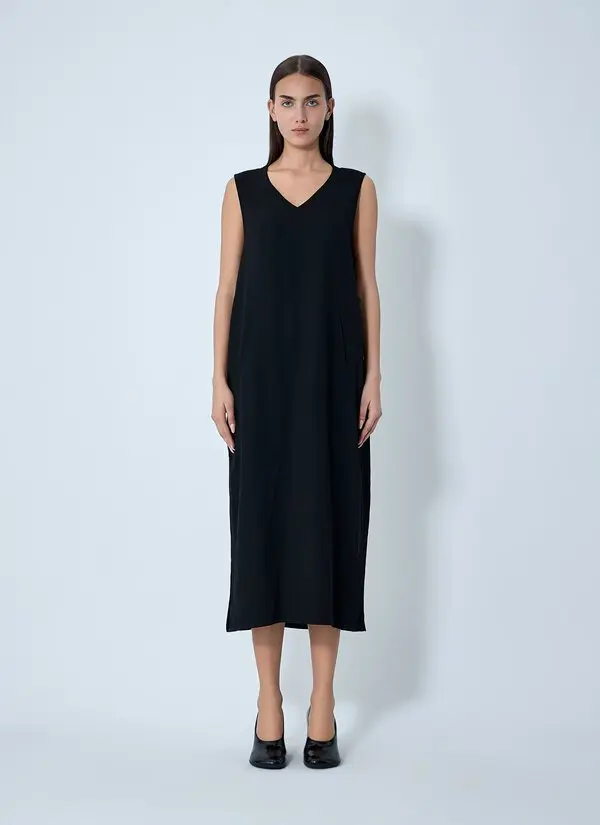 Yohji Yamamoto Midi Dress With V-neck And Side Gather - Black