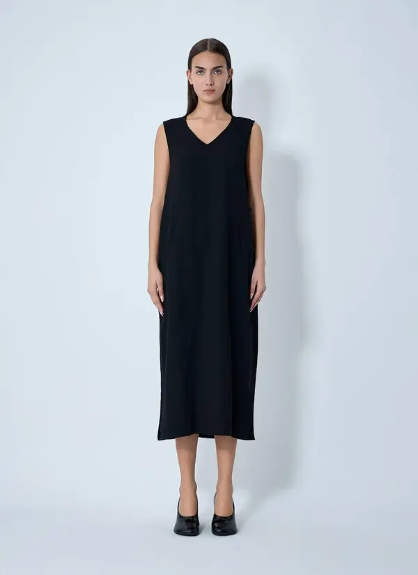 Yohji Yamamoto Midi Dress With V-neck And Side Gather - Black