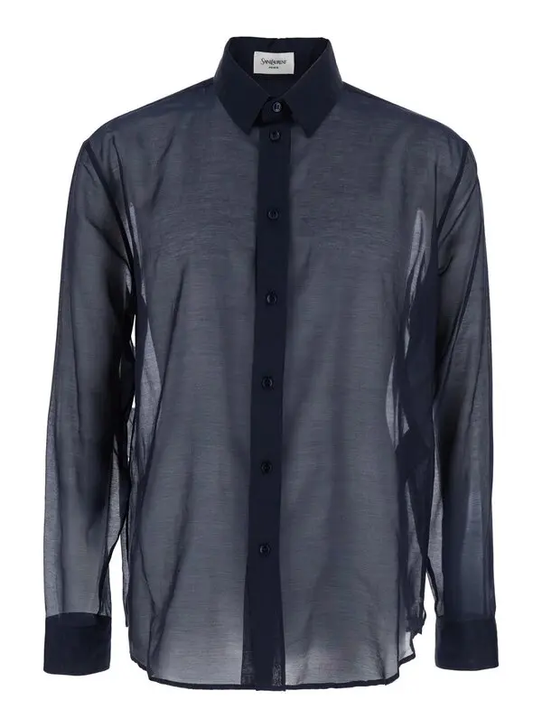 Saint Laurent Blue Shirt With Classic Collar And Contrasting Details In Cotton And Silk - Multicolor