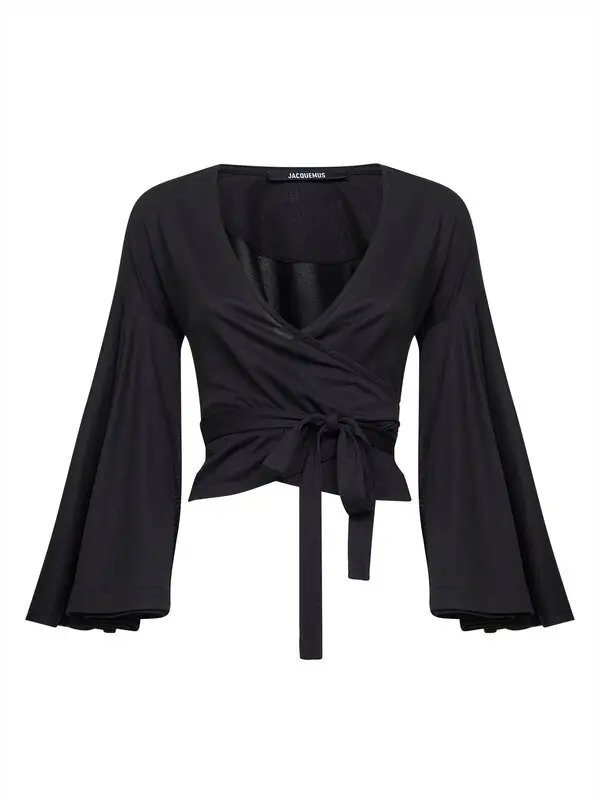 Jacquemus Black Jersey Wrap Top With Flared Sleeves - Multicolor