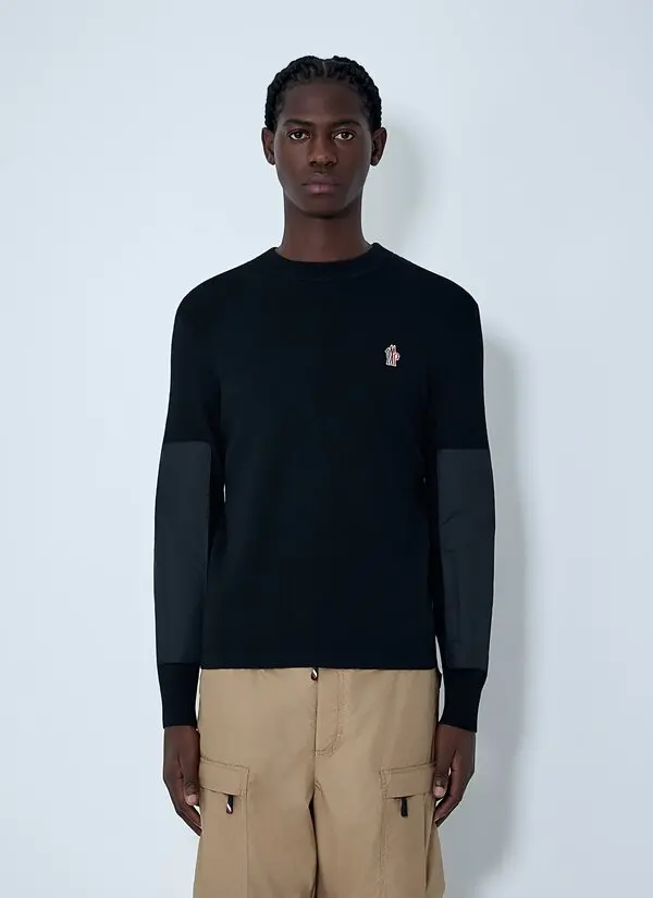 Moncler Fine Knit Crewneck Sweater With Nylon Sleeve Patches - Black