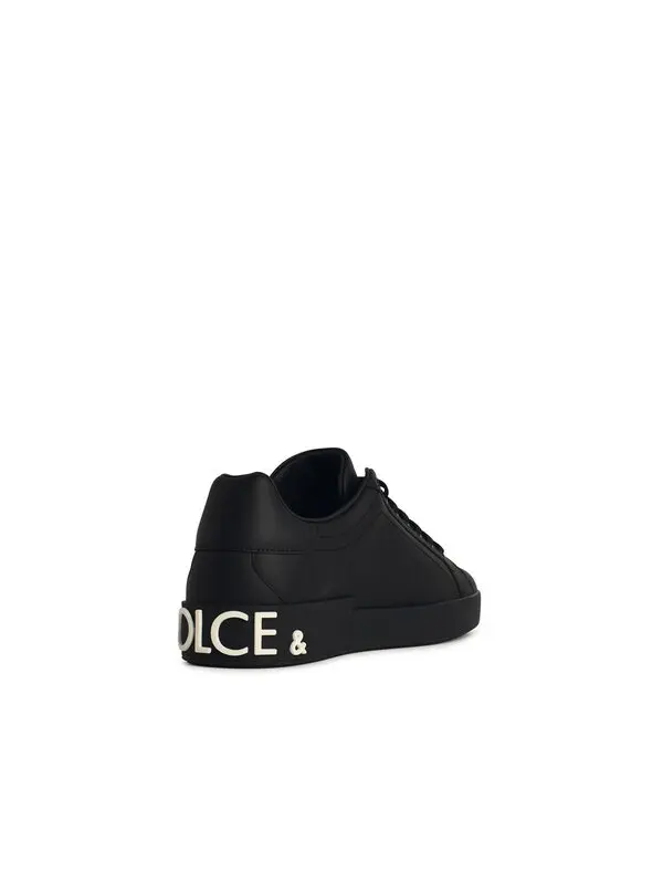 Dolce & Gabbana Portofino Leather Sneakers With Dg Print - Black