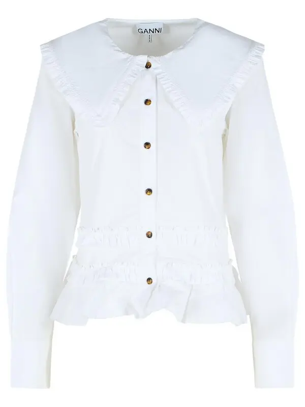GANNI Cotton Shirt With Wide Rounded Collar And Button Closure - White