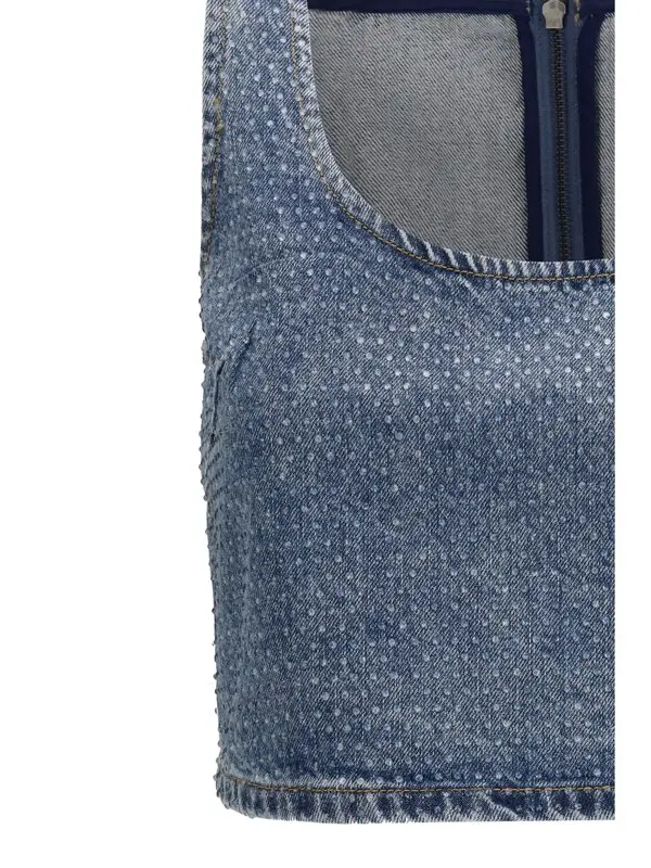 SELF-PORTRAIT Rhinestone Denim Cropped Top - Blue