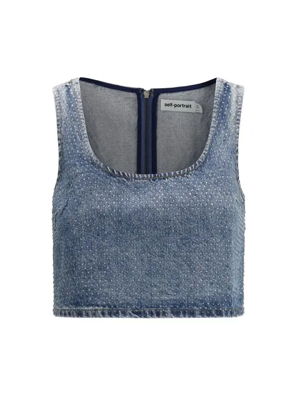 SELF-PORTRAIT Rhinestone Denim Cropped Top - Blue