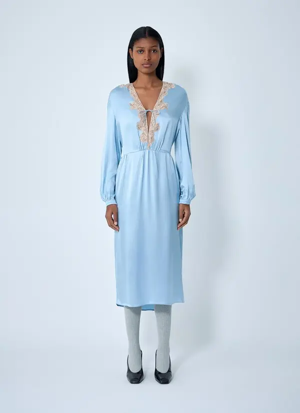 Prada V-neck Silk Midi Dress With Lace Detail - Blue