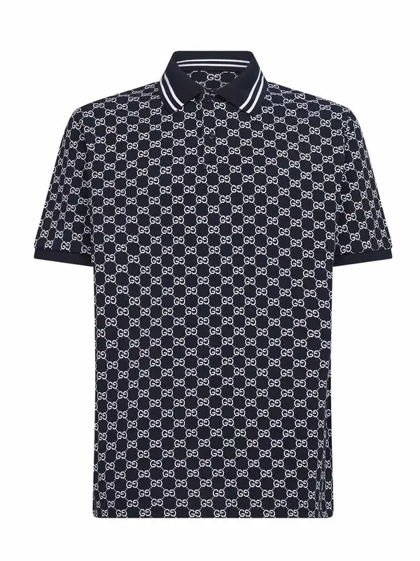 Gucci Navy Blue And White Gg Jacquard Cotton Pique Polo Shirt - Multicolor