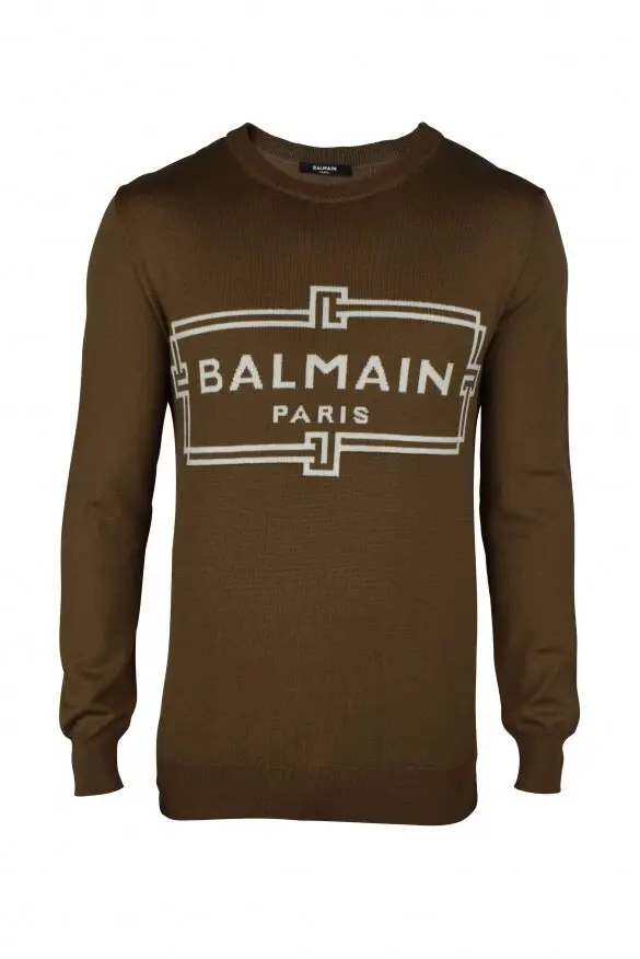 Balmain Khaki Wool Sweater With White Logo