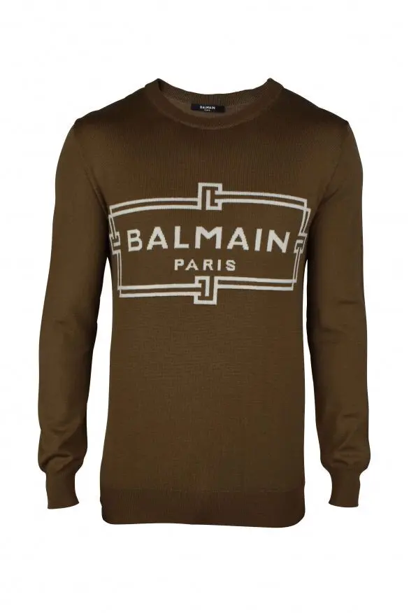 Balmain Khaki Wool Sweater With White Logo - Yellow