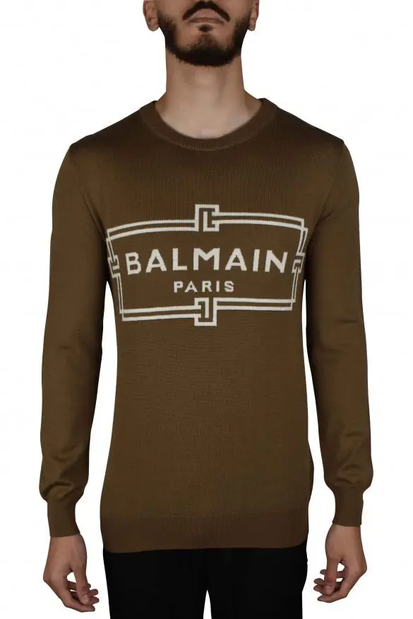 Balmain Khaki Wool Sweater With White Logo - Yellow