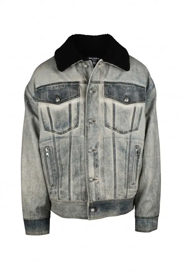 Balmain Denim Jacket With Embossed Logo And Black Collar