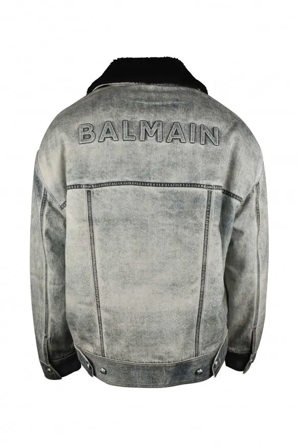 Balmain Denim Jacket With Embossed Logo And Black Collar