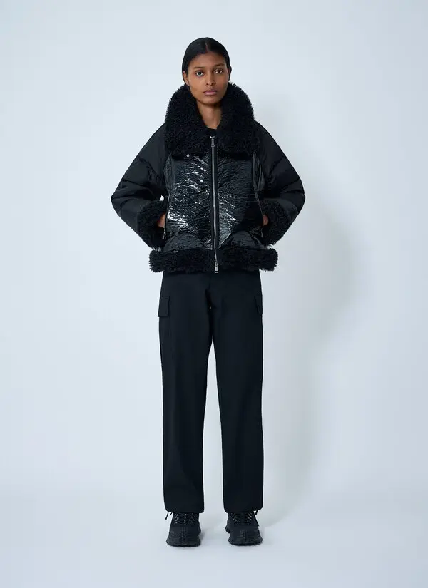 Moncler Short Padded Jacket With Shearling Trims And Glossy Panel