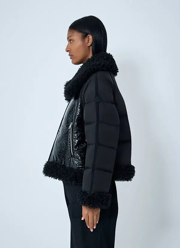 Moncler Short Padded Jacket With Shearling Trims And Glossy Panel
