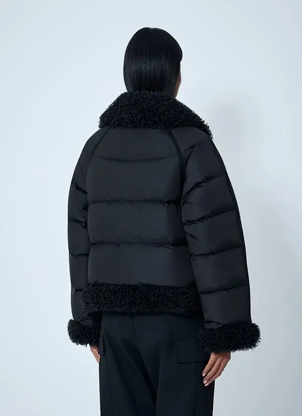 Moncler Short Padded Jacket With Shearling Trims And Glossy Panel
