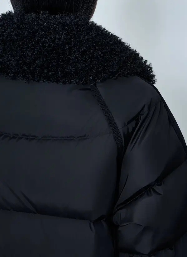 Moncler Short Padded Jacket With Shearling Trims And Glossy Panel