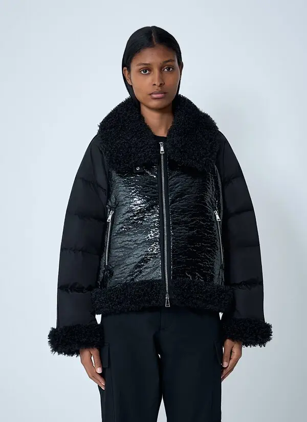 Moncler Short Padded Jacket With Shearling Trims And Glossy Panel - Black