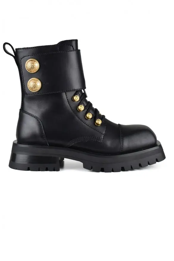 Balmain Leather Ranger Army Boots With Gold Embossed Button Detail - Black
