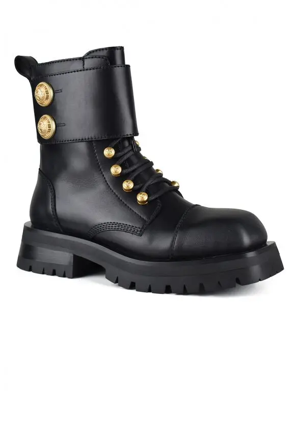 Balmain Leather Ranger Army Boots With Gold Embossed Button Detail - Black
