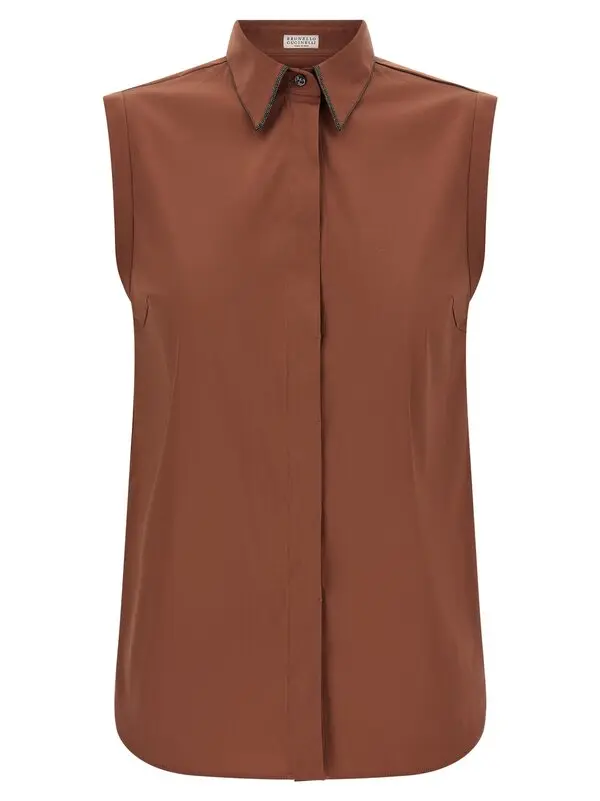 Brunello Cucinelli Sleeveless Shirt With Monile Trim - Brown