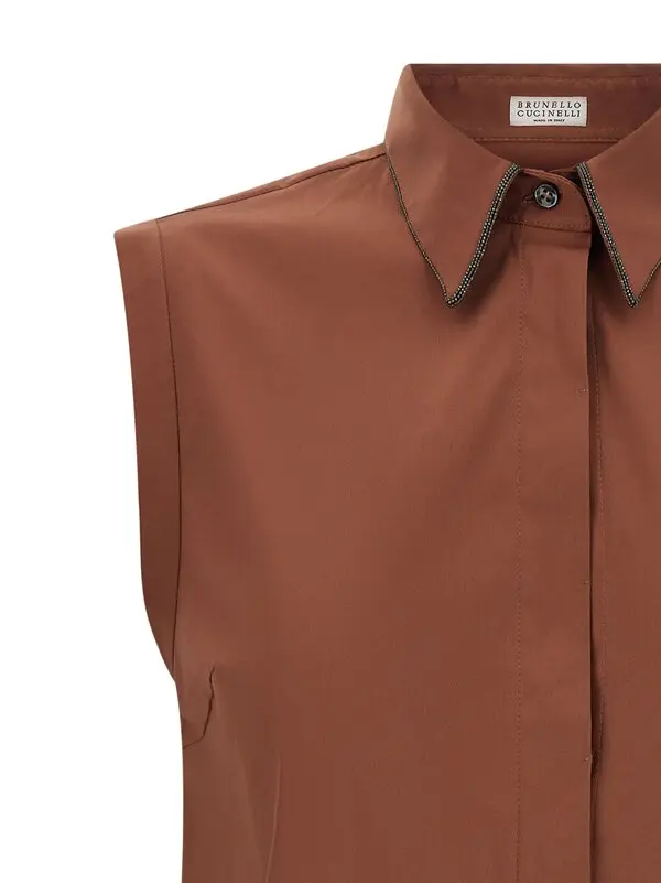 Brunello Cucinelli Sleeveless Shirt With Monile Trim - Brown