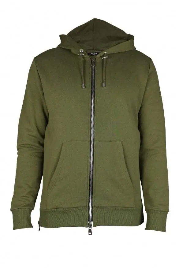 Balmain Khaki Cotton Zip-up Hooded Cardigan With Logo Detail - Yellow