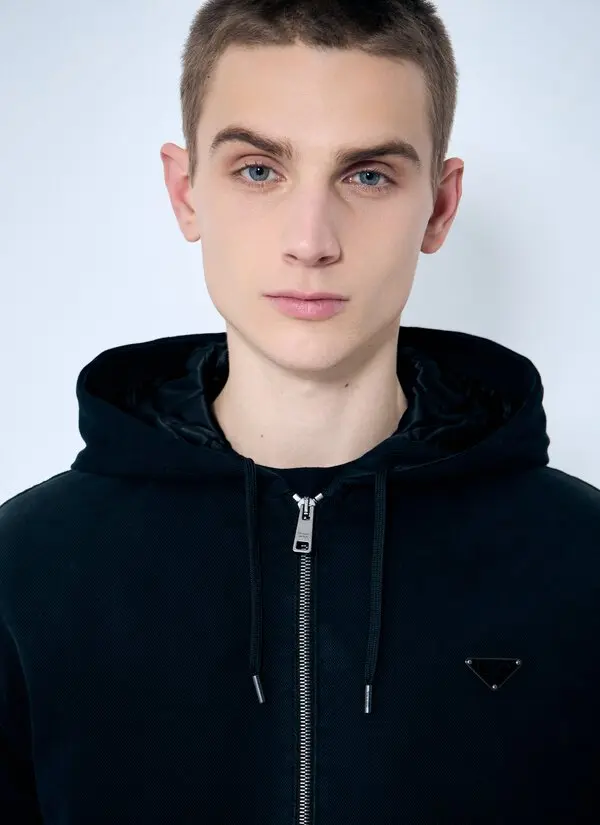 Prada Denim Hooded Jacket With Logo Plaque
