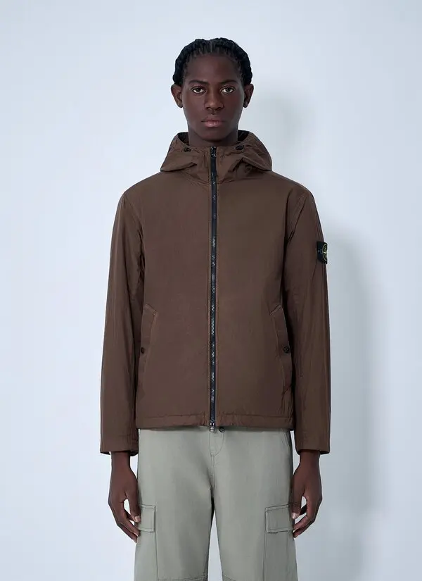 Stone Island Hooded Zip-up Lightweight Jacket With Logo Patch - Brown