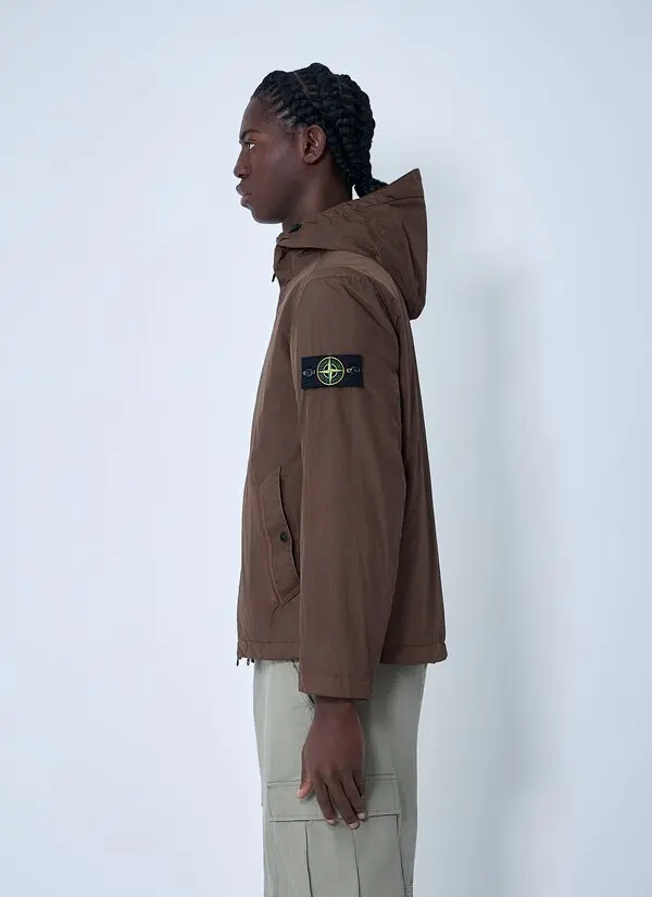 Stone Island Hooded Zip-up Lightweight Jacket With Logo Patch - Brown