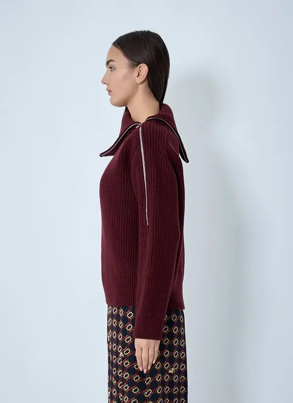 Dries Van Noten Burgundy Wool Zip Collar Sweater - Red
