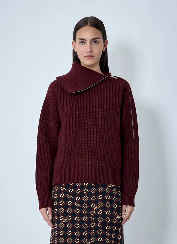 Dries Van Noten Burgundy Wool Zip Collar Sweater - Red