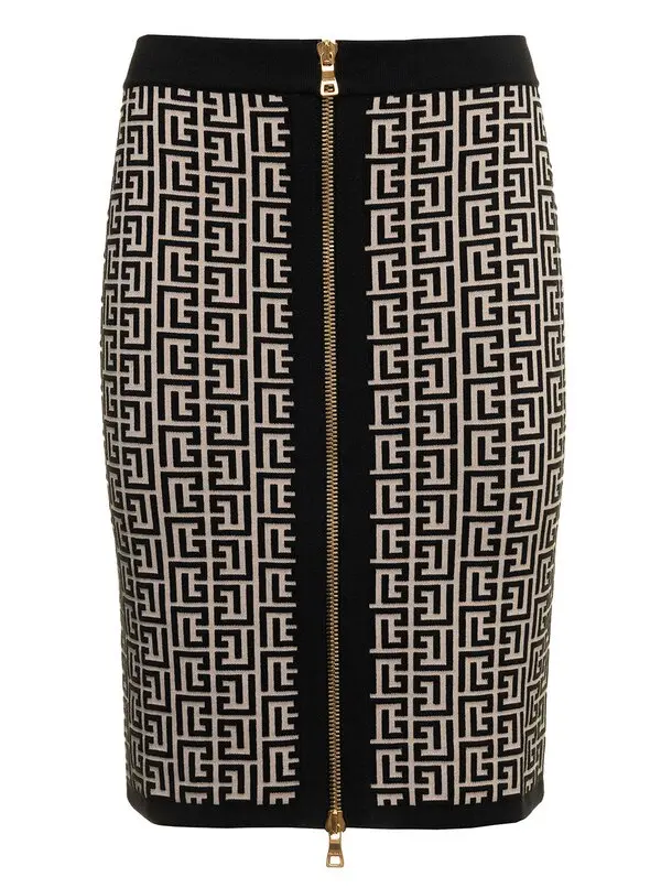 Balmain Monogram Wool Pencil Skirt - Multicolor